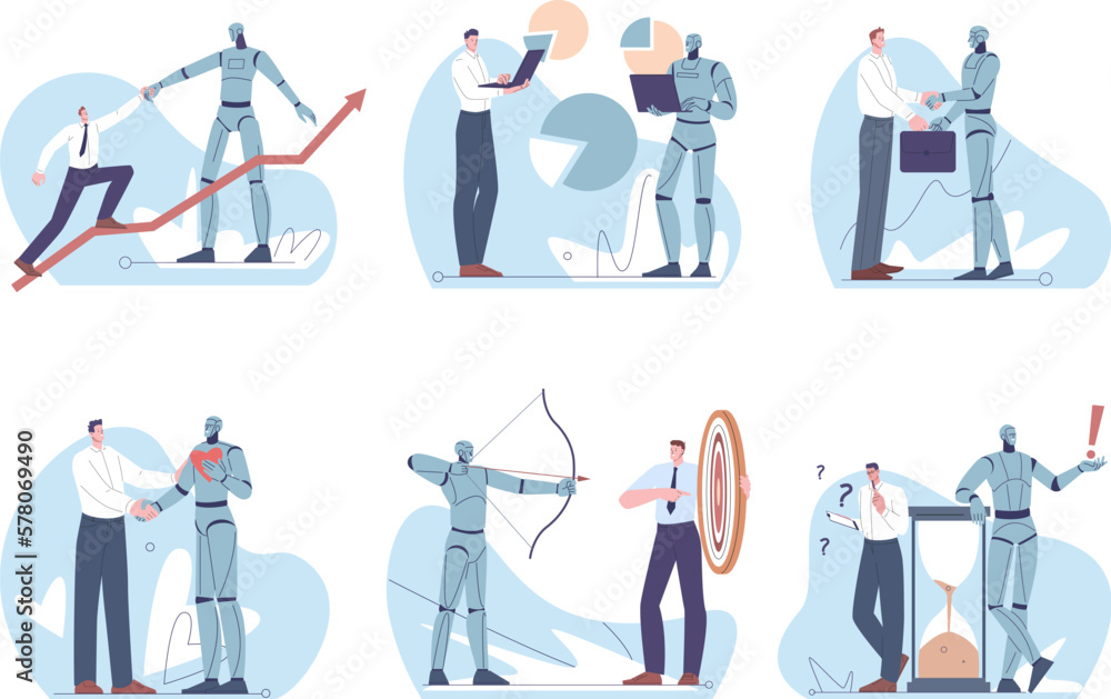 Plakat Robot and people. Robots vs business person on work. Programmers ...