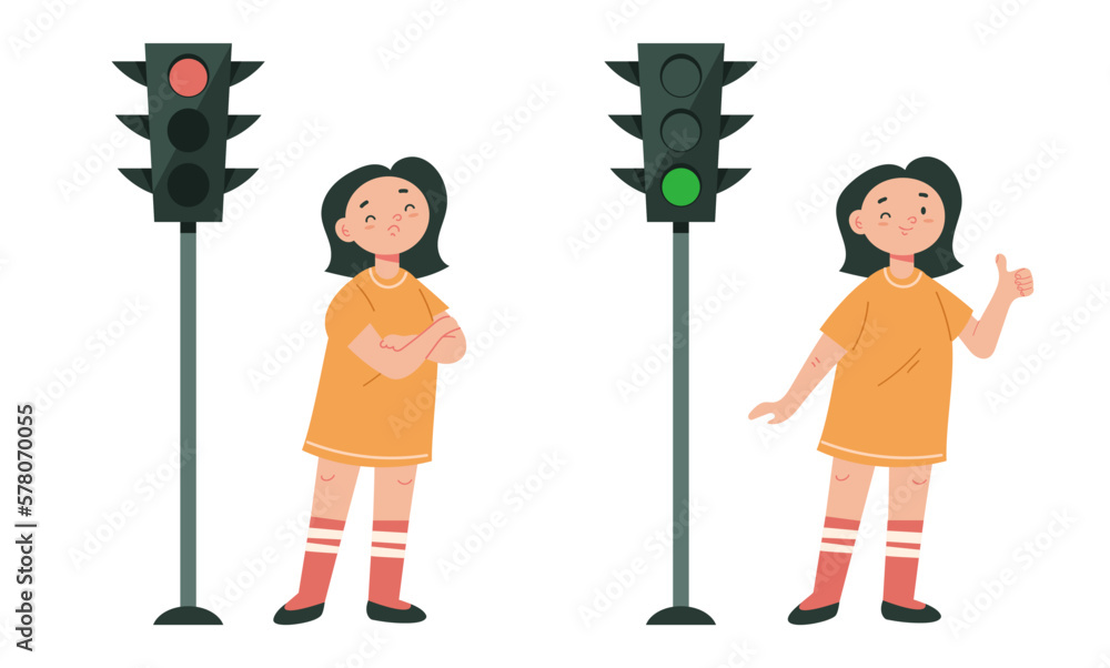 Kid child stop and go, red and green traffic light concept. Vector ...