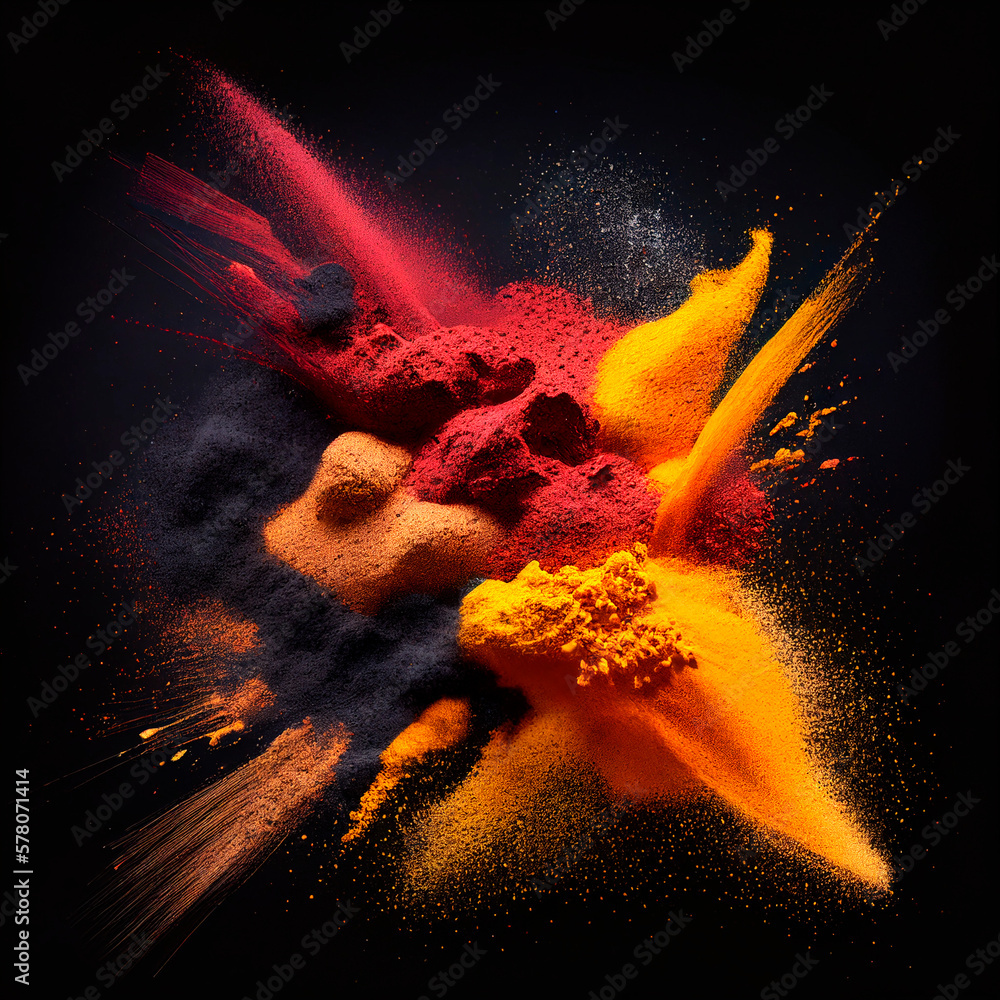 explosion of dust particles of red, yellow and black colors on a dark ...