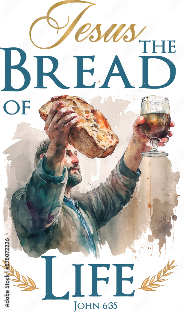 Watercolor drawing of male hands raising a loaf of bread and a glass of ...