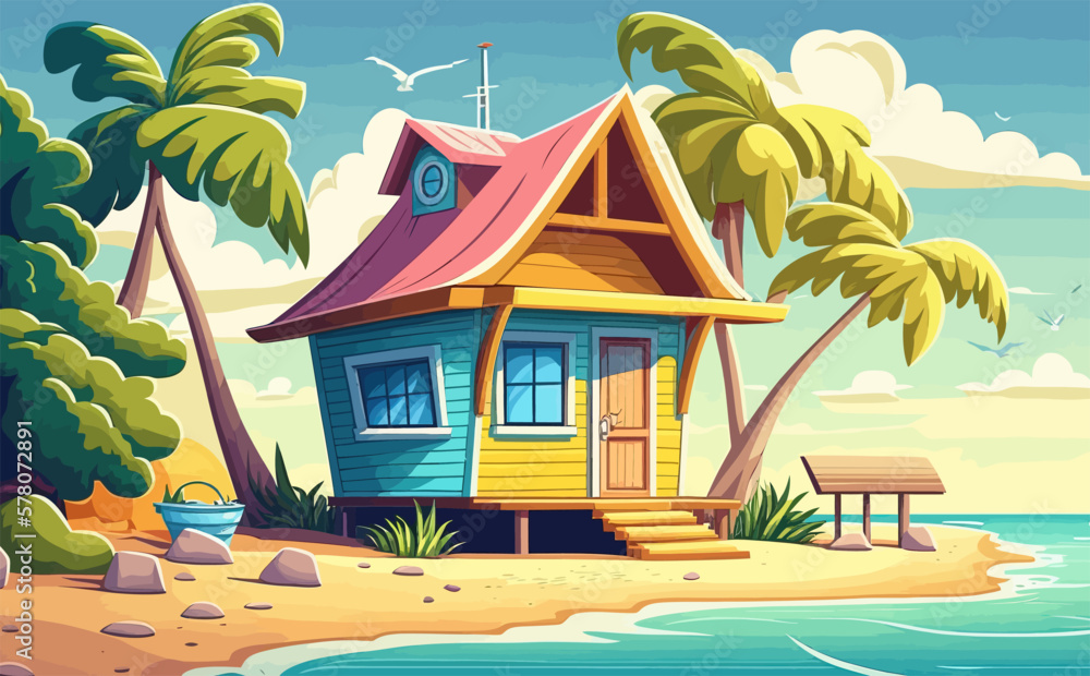 Nice house by the sea. Hot summer day, sun, palm trees, vacation ...