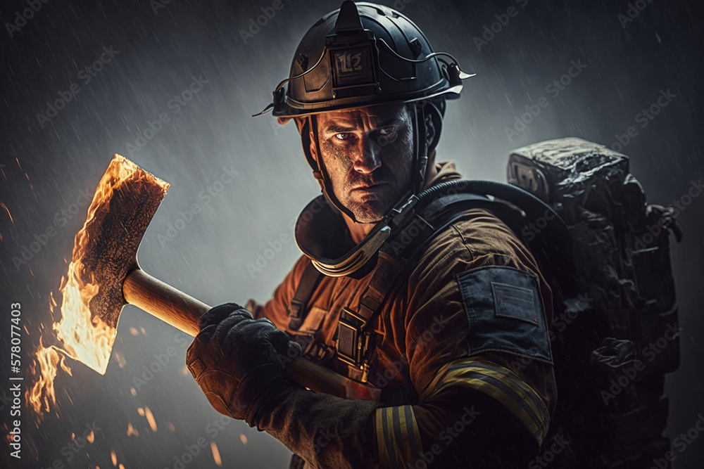 Firefighter works on fire, portrait of fireman holding fire axe ...