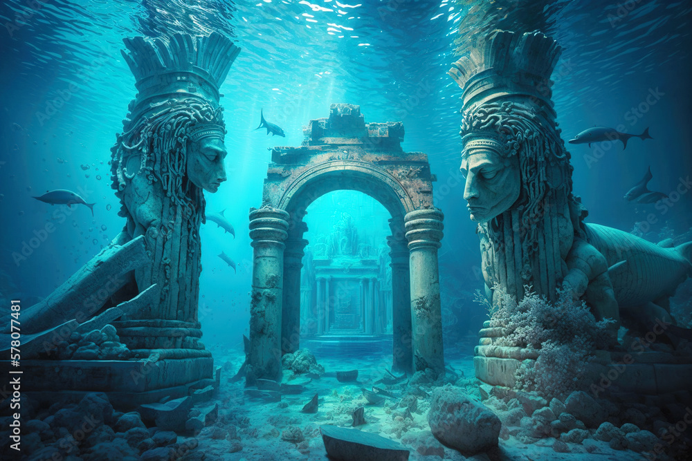Ancient city ruins underwater, old statues on sea ground, generative AI ...