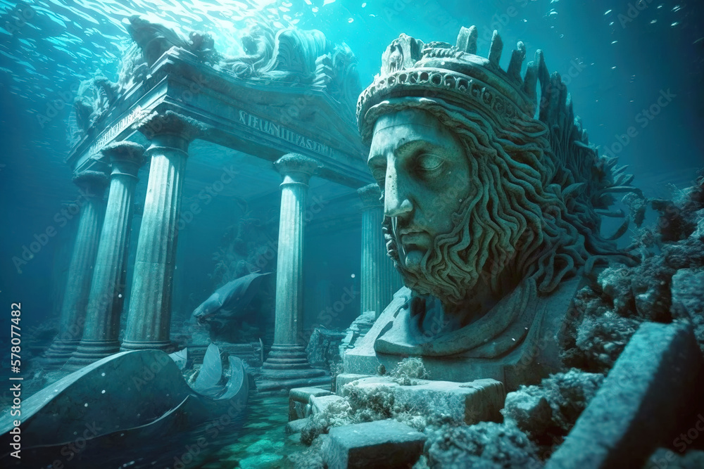 Ancient city ruins underwater, old statues on sea ground, generative AI ...