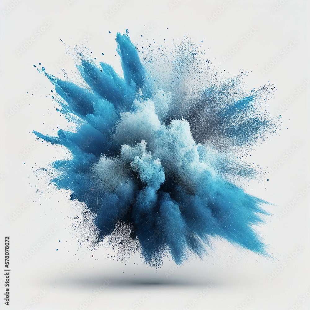 explosion of fine particles of dust of blue and white colors on a white ...