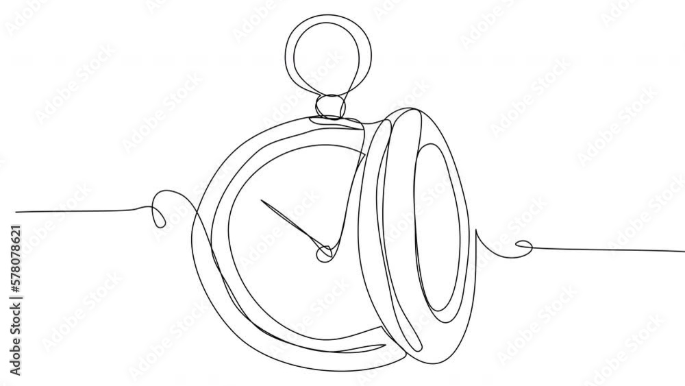 Self-drawing Pocket watch in one line on a white background. The ...