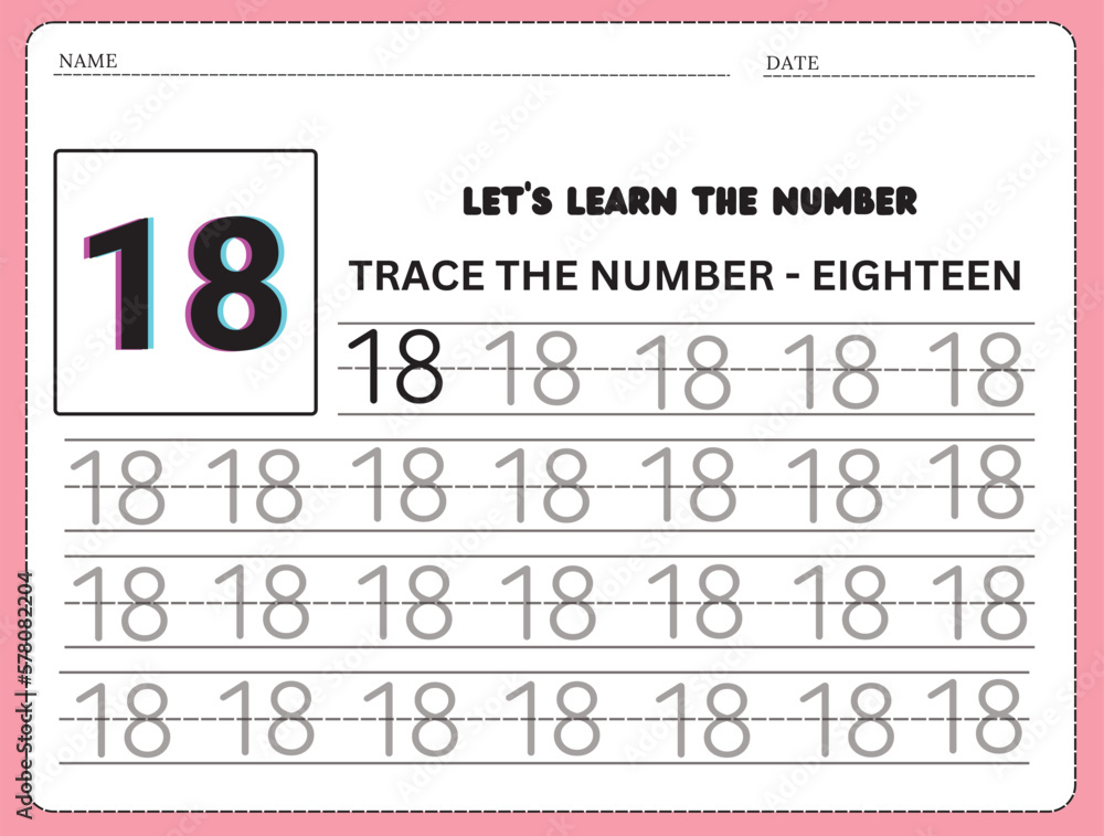 Trace and write the number 18. Handwriting practice. Learning numbers ...