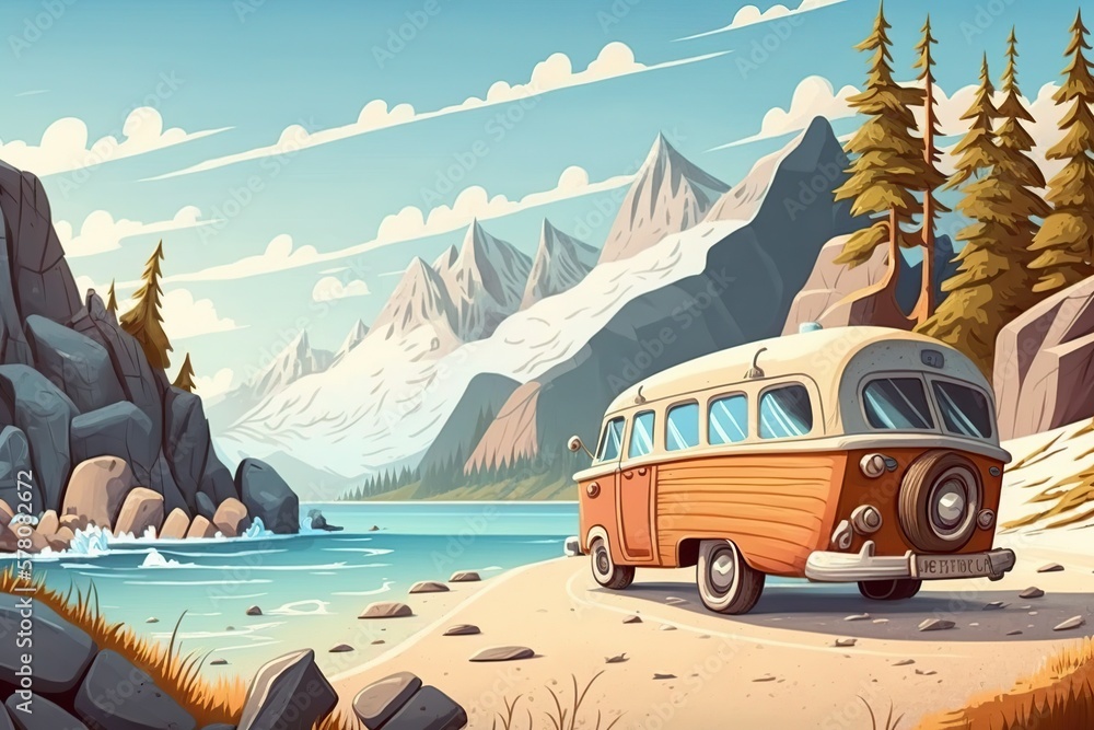 cartoon illustration, places to go on vacation in summer, generative ai ...