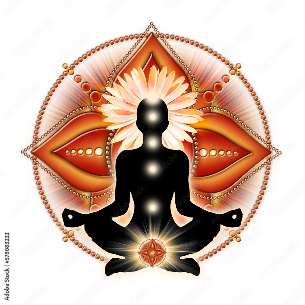 Root chakra meditation in yoga lotus pose, in front of muladhara chakra ...