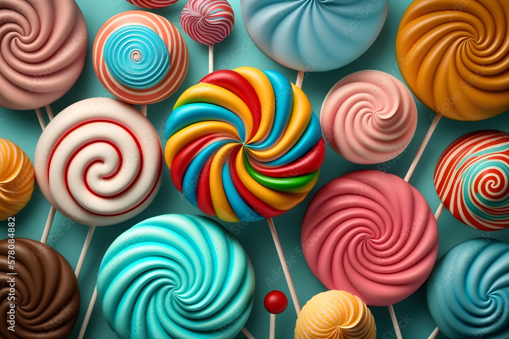 Tasty lollipops and marshmallows on light blue background. Colorful ...