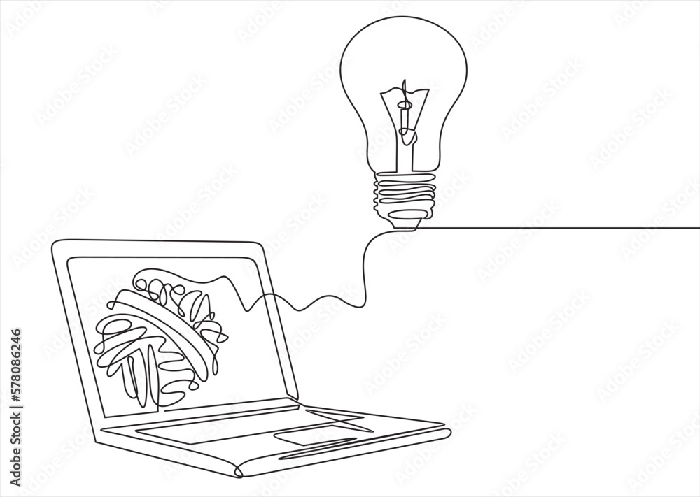 Vetor de one line drawing of laptop computer with light bulb symbol ...