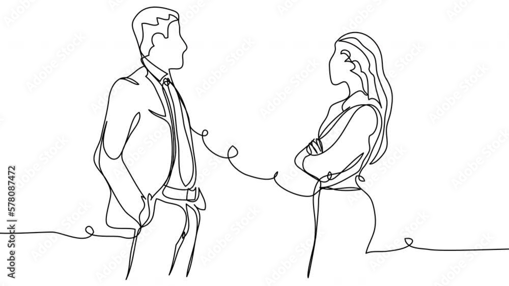 Self-drawing man and woman discussing in single line on white ...