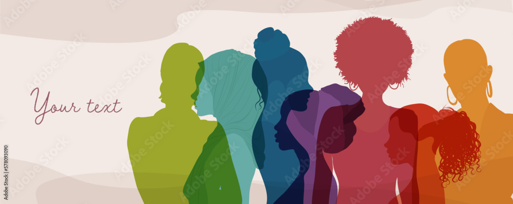 Silhouette group of multicultural women. Female social community of ...
