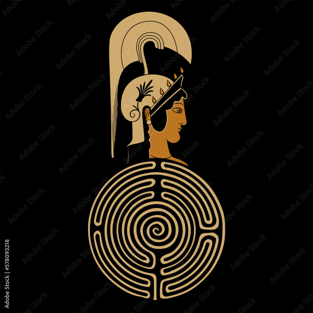 Head of the ancient Greek goddess Athena Pallas wearing helmet on top ...