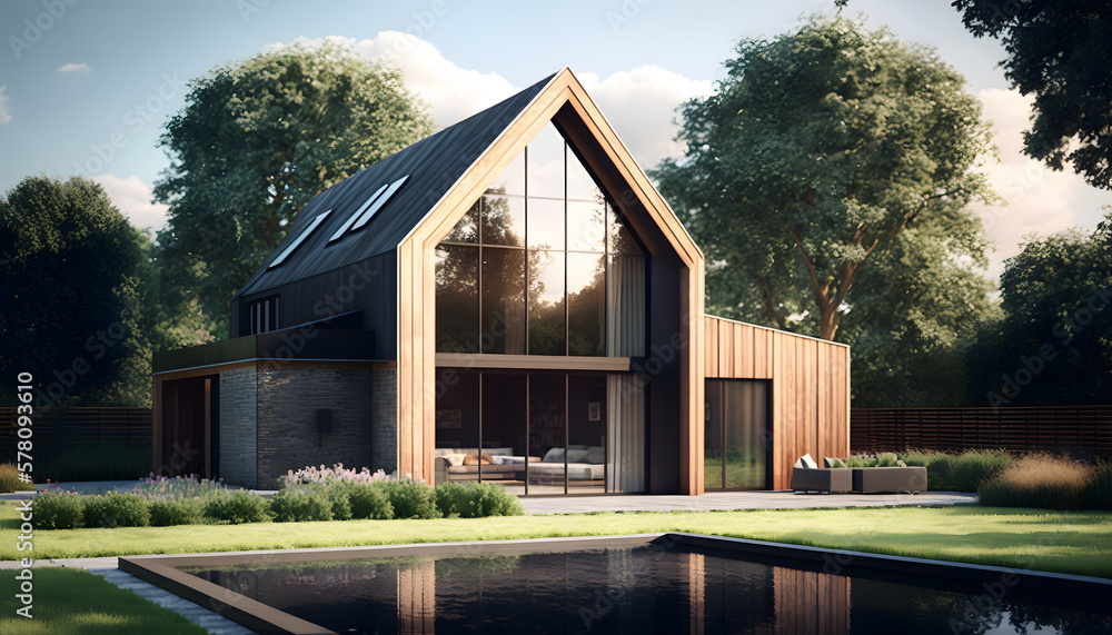 Ultra-modern Architect-designed luxury barn house, light brown wood and brown stone, dark glass ...