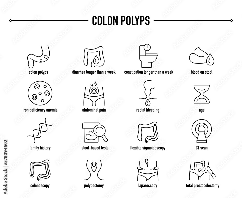 Colon Polyps symptoms, diagnostic and treatment vector icon set. Line ...