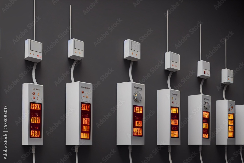 Digital electric meters in a row measuring power use. Electricity ...