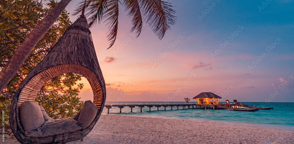 Tropical sunset beach background, summer island landscape with beach ...