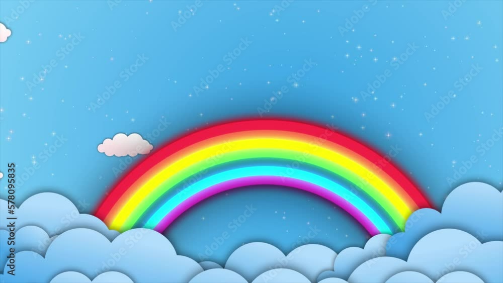 Rainbow Rising Up Behind The Clouds And Twinkle Stars Are Moving And ...