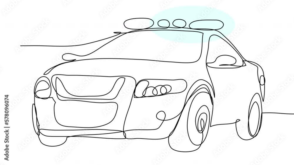 Self-drawing of police car with single line flashing lights on white ...
