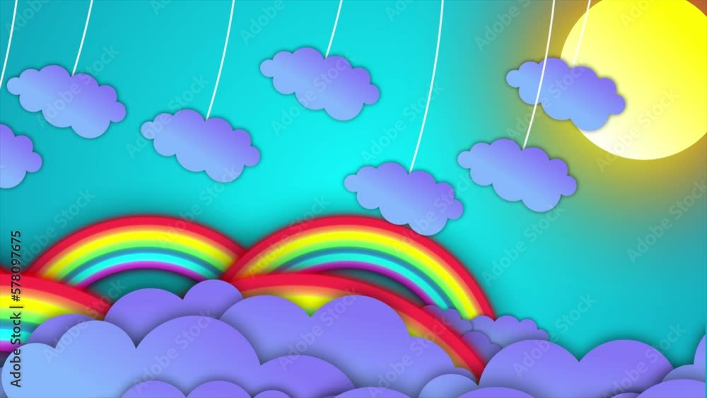 Rainbow Cartoon And Hanging Clouded are moving in the air And Bright ...