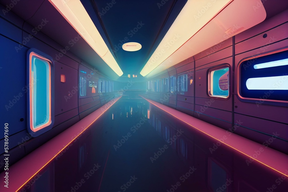 Blue spaceship interior with projector. Futuristic corridor in space ...