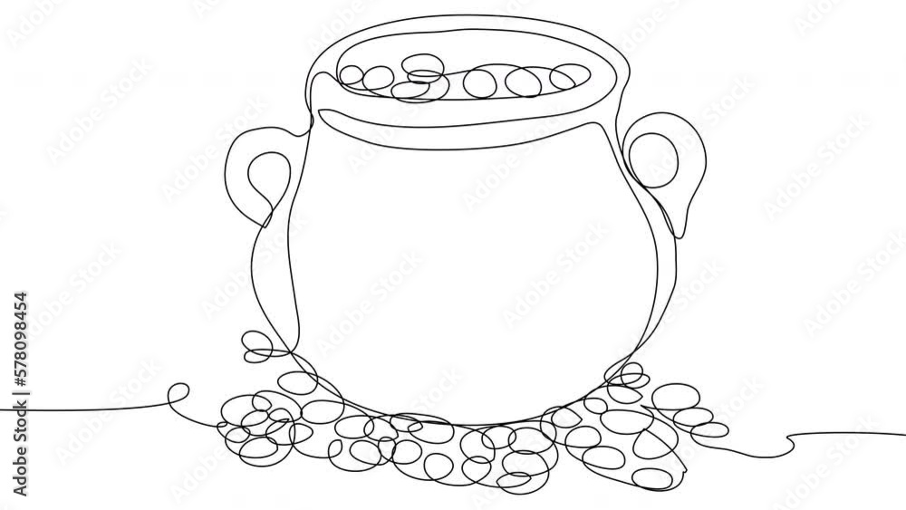 Self-drawing cauldron with coins in one line on a white background ...