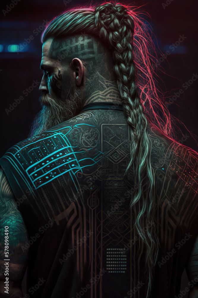 Neon Viking: A Cyberpunk Warrior in the Streets of Valhalla Stock ...