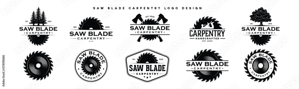 Saw blade carpentry vintage logo design collection. Woodworking labels ...