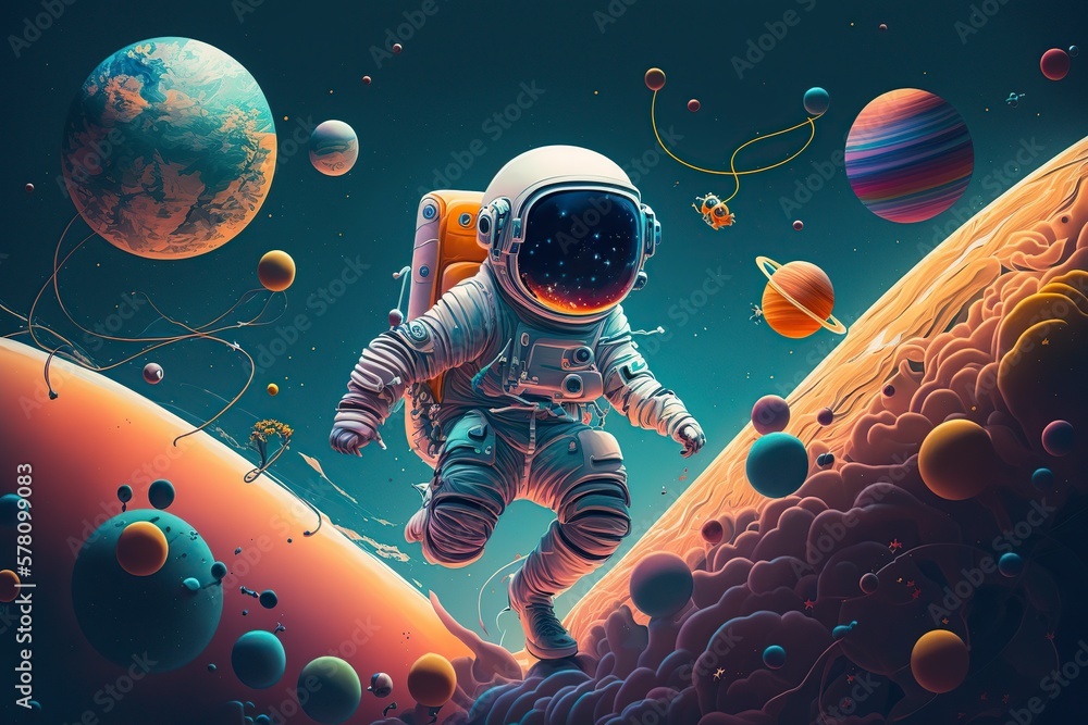 cartoon illustration, astronaut and planets drifting in space, ai ...