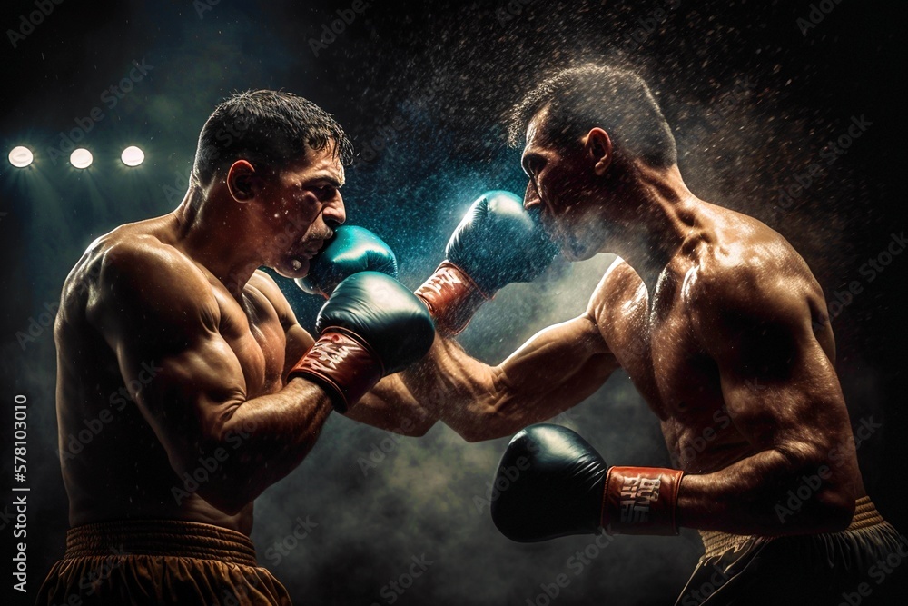 Two boxers punching each other in an epic setting with smoke on a dark ...
