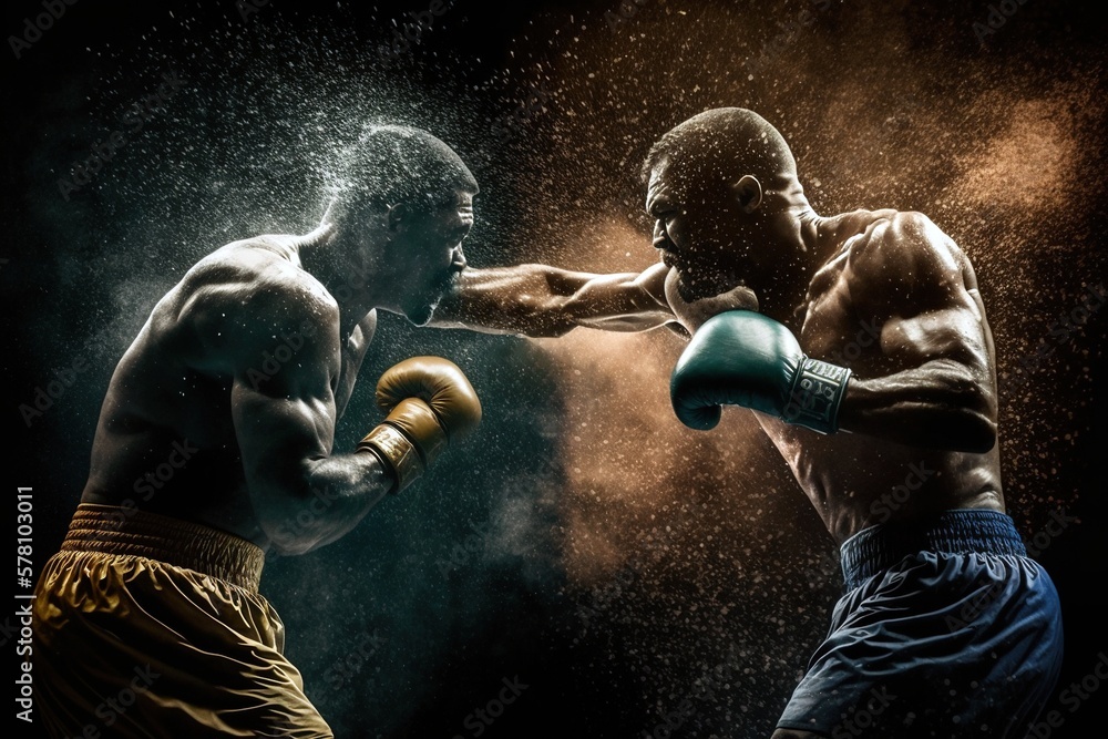 Two boxers fighting on a dark and epic background with splashes of ...
