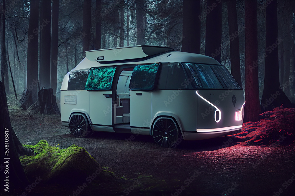 Futuristic electric camper van parked in forest. Adventure concept ...
