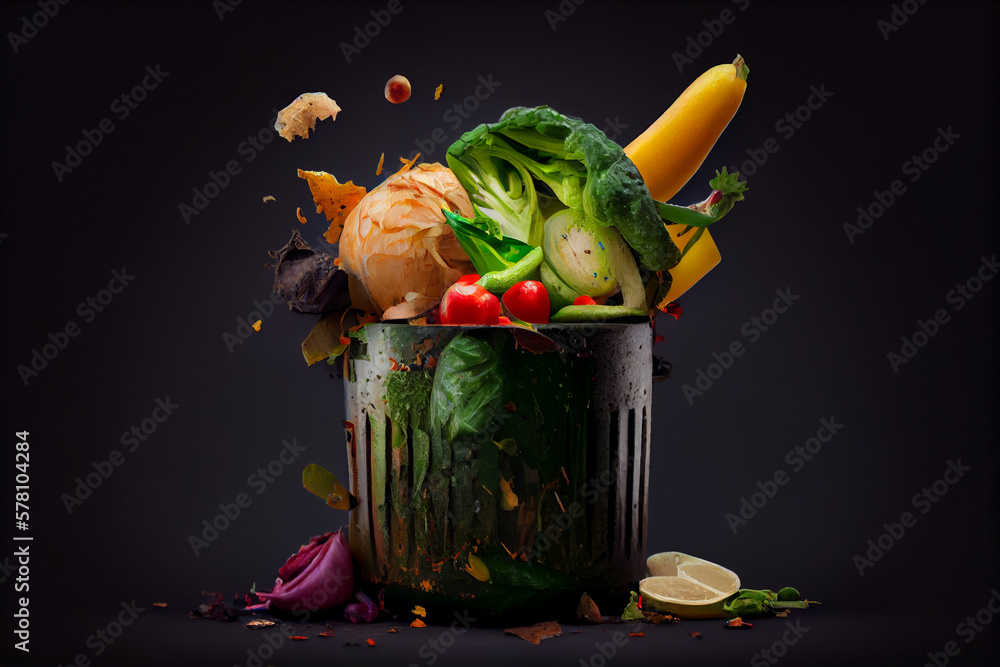 Food waste concept. Biodegradable waste in metal trash bin. Generative ...
