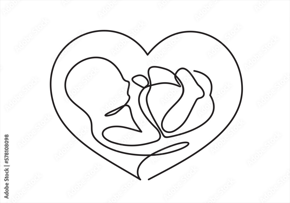 Continuous one line drawing of heart with newborn, unborn child baby ...