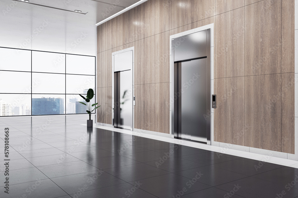 Fotka „Perspective view on closed elevators in spacious modern business center corridor hall ...