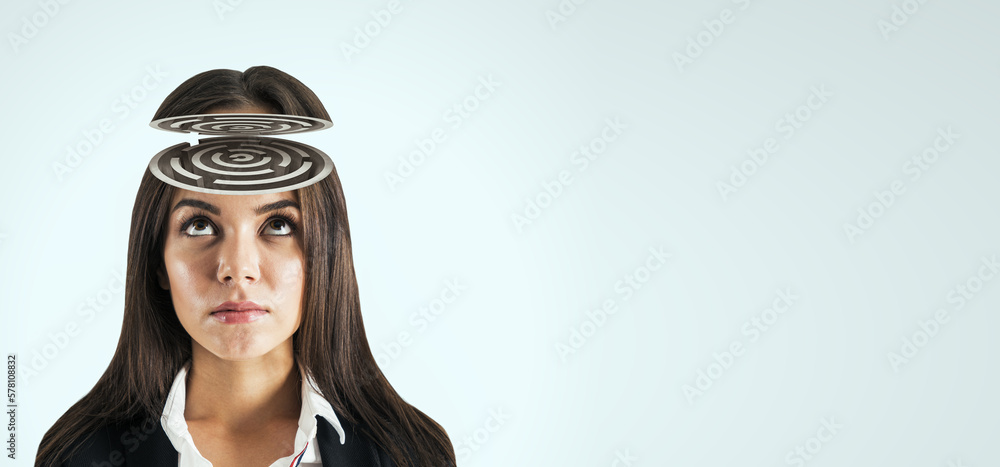 Abstract portrait of maze headed businesswoman on wide light background ...