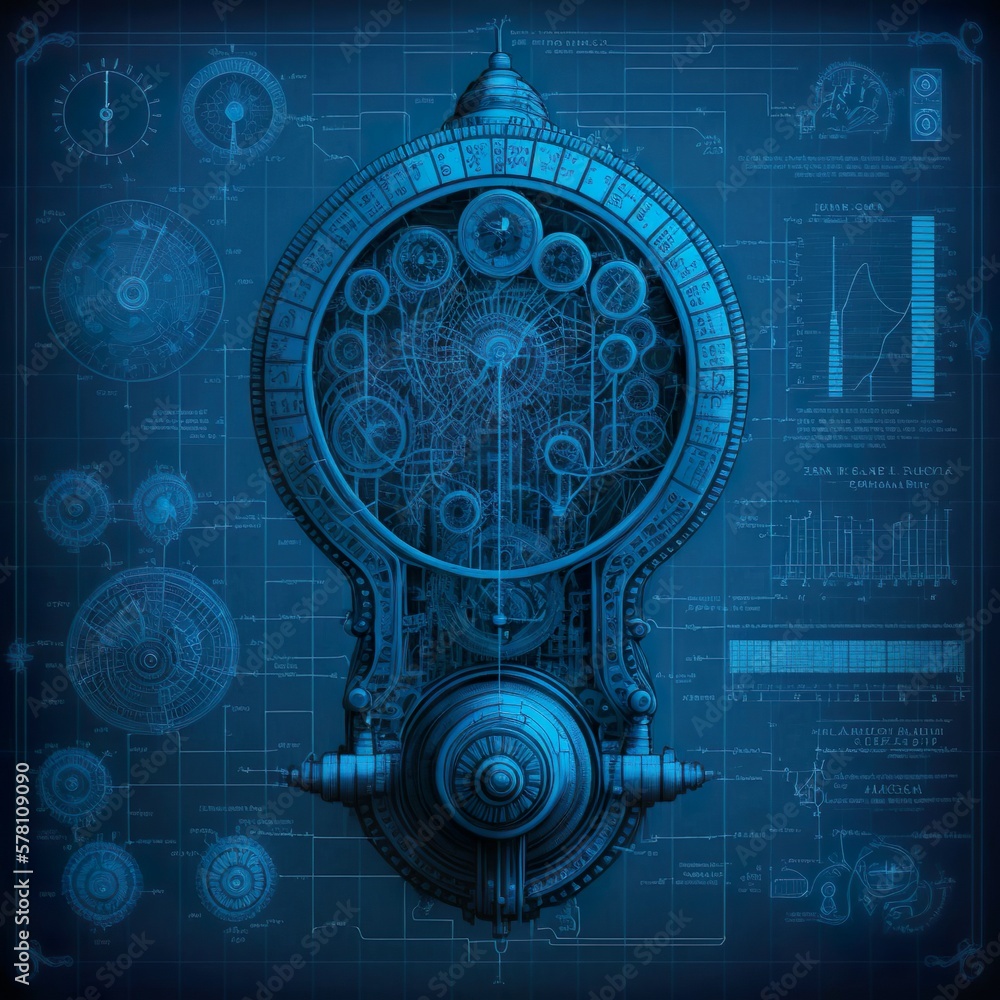 Time machine blueprints, complex technical drawing of intriguing ...