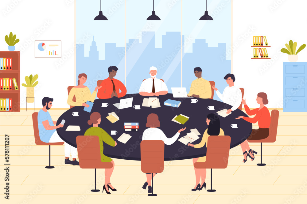 Teamwork of business people sitting at round office table vector ...
