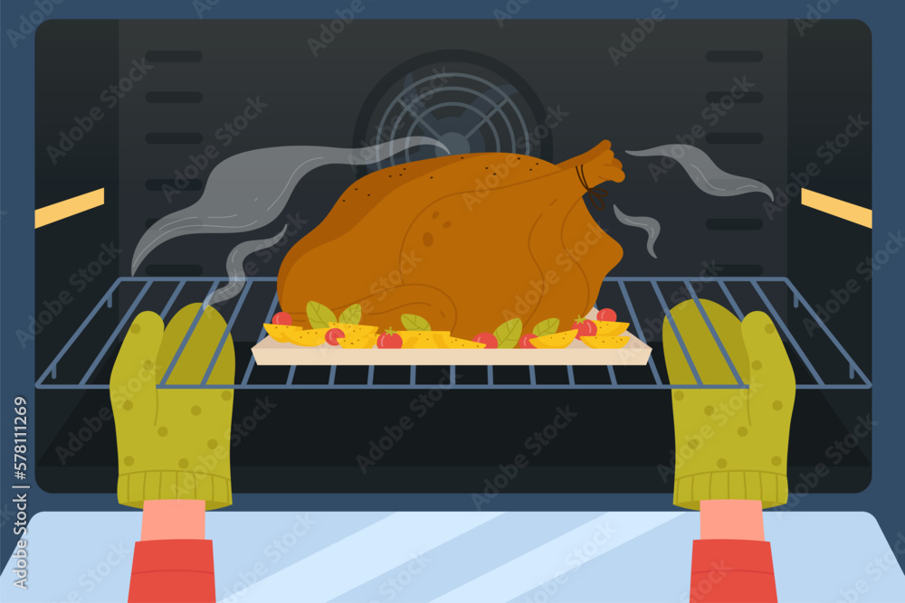 Cartoon chef cooking food for Thanksgiving dinner background. Hands in ...