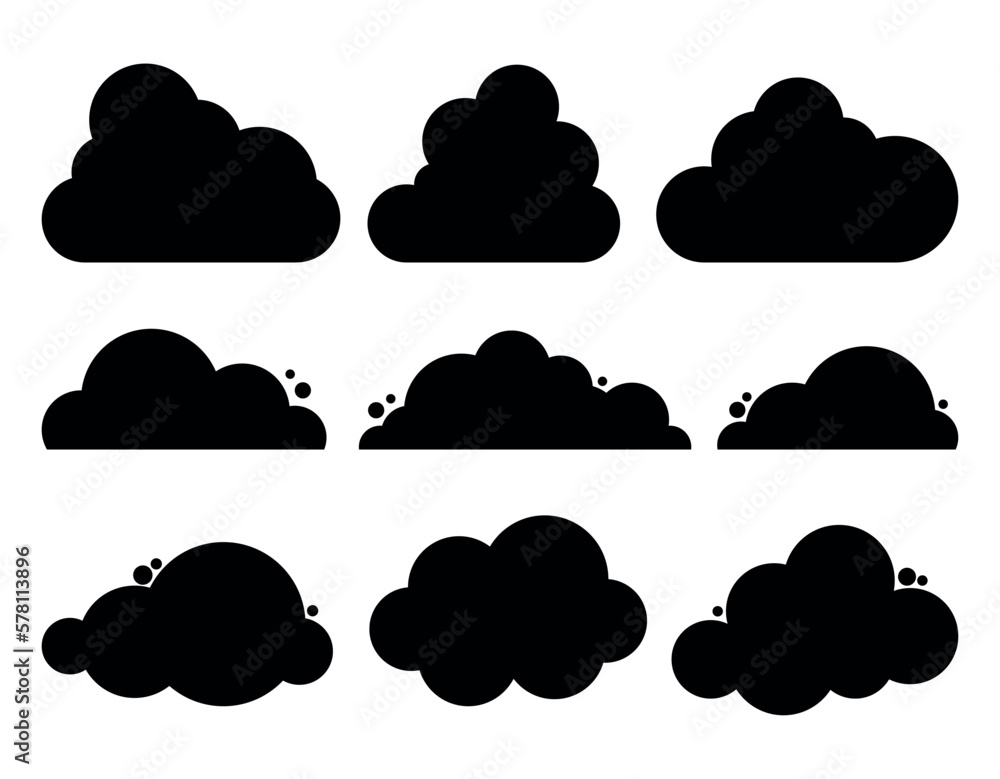 Set of Black silhouette Cloud Icons in trendy flat style isolated on ...