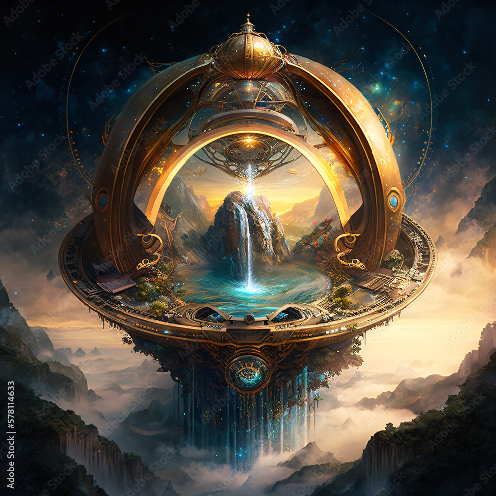 surreal futuristic spherical astrolabe on a beautiful fantasy floating ...
