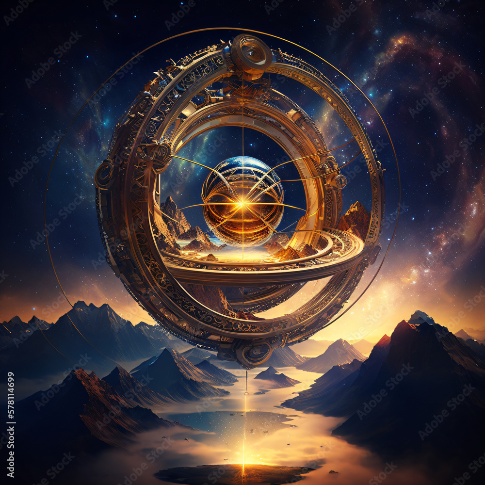 surreal futuristic spherical astrolabe on a beautiful fantasy mountain ...