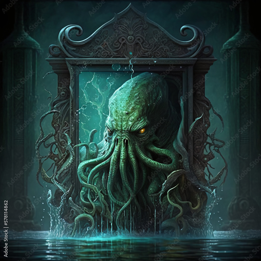 a tentacle octopus style monster walking through a portal fantasy ...