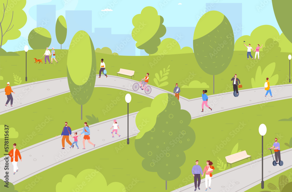 People walking outside city. Crowd person walk in summer or spring city ...