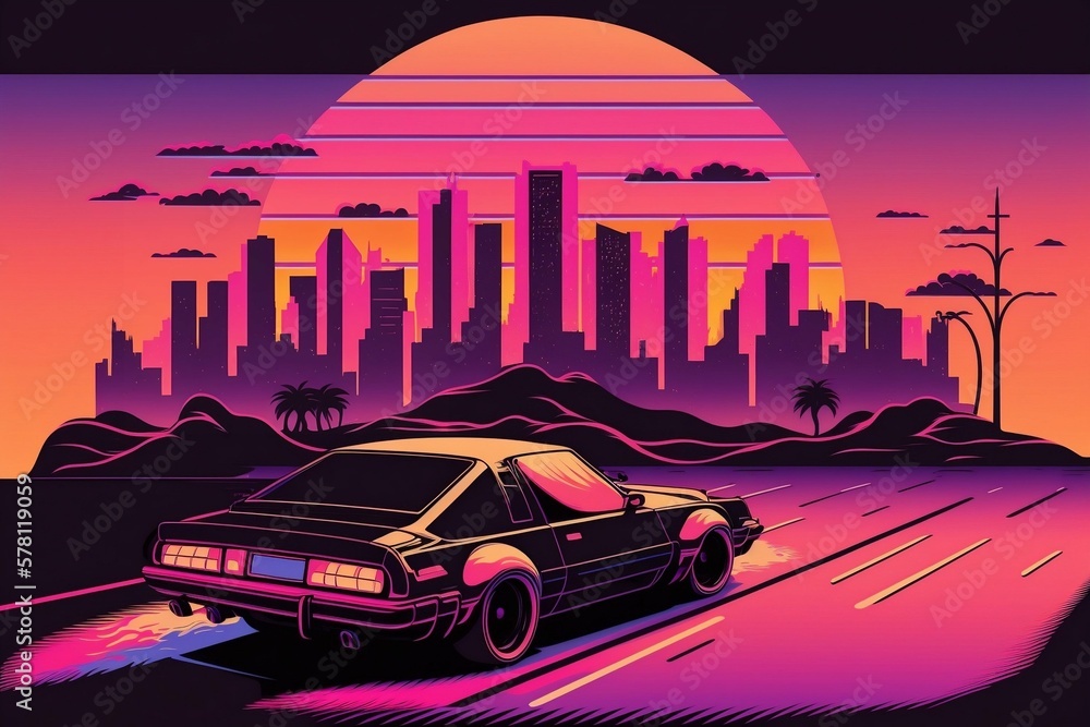 80s style illustration with car driving into sunset, synthwave style ...