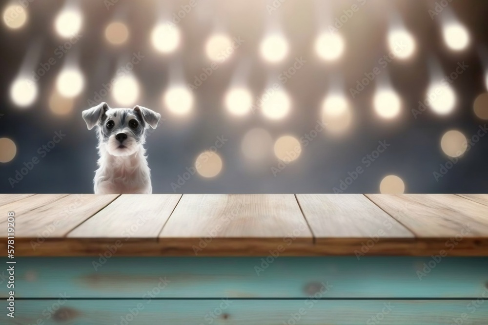 Pet owner themed background with empty pastel color wooden table for ...