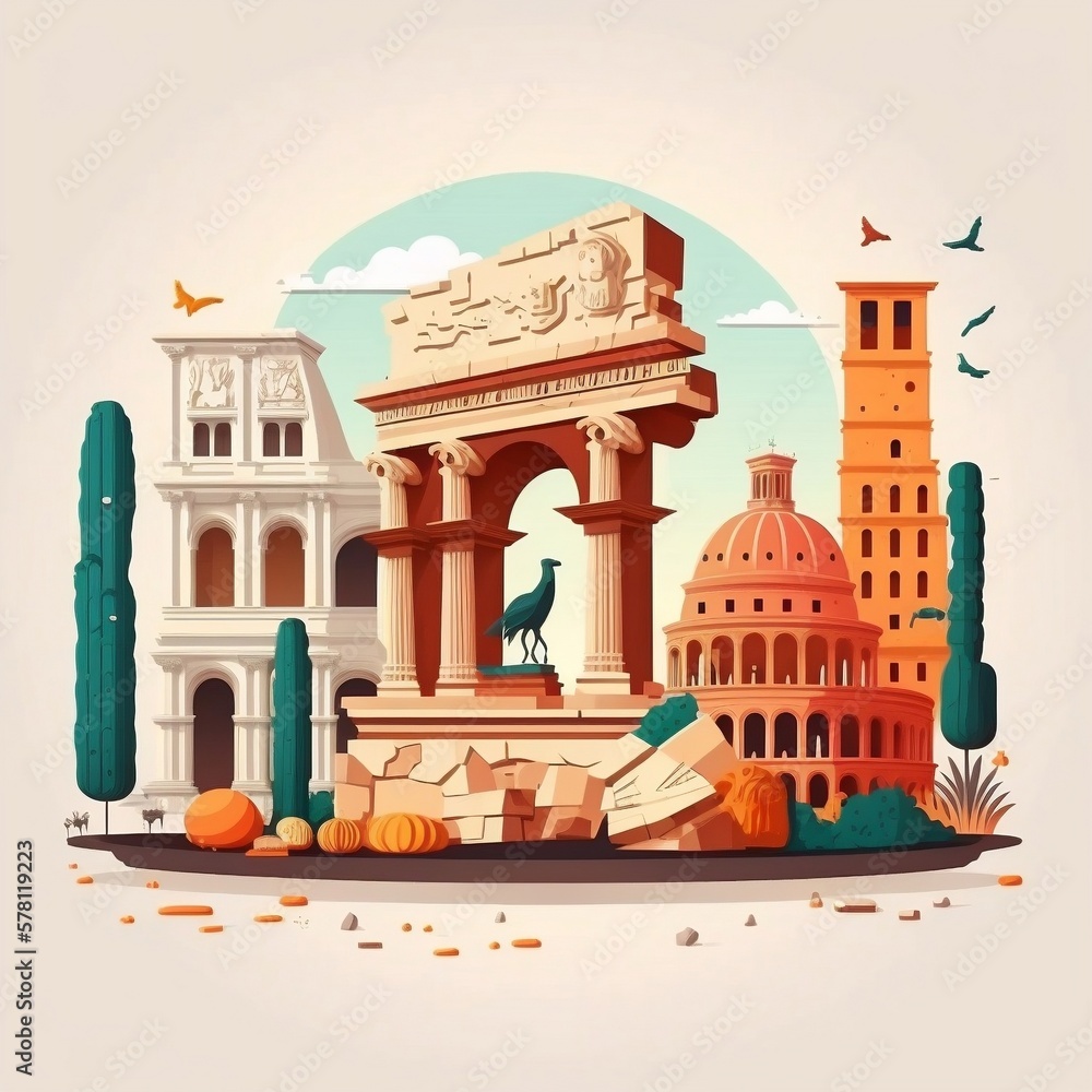 Roman monuments in children's cartoon style. Generative AI. Stock ...