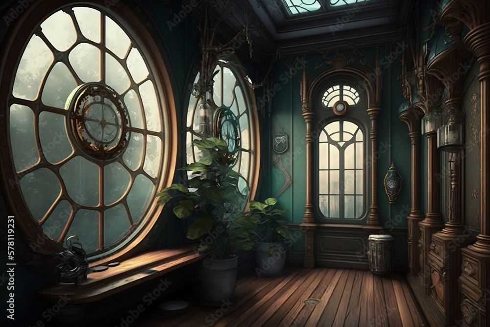 Steampunk interior design, fantasy retro hall in a Victorian house with ...