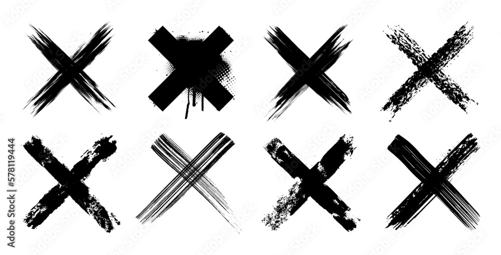 X cross mark collection. Paint brushstroke sign, different grunge ...